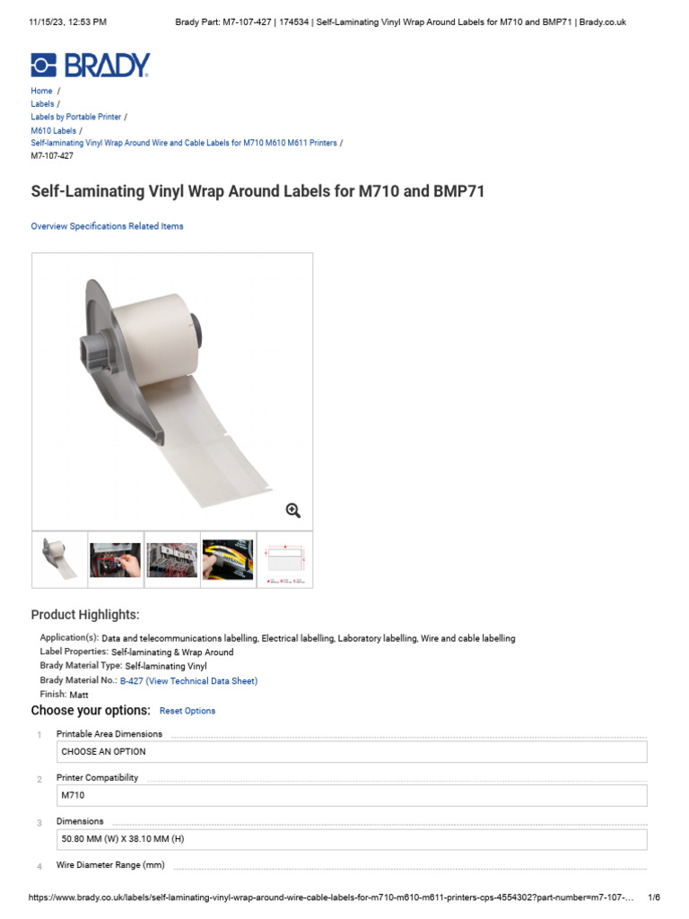 Brady Part - M7-107-427 - 174534 - Self-Laminating Vinyl Wrap Around ...
