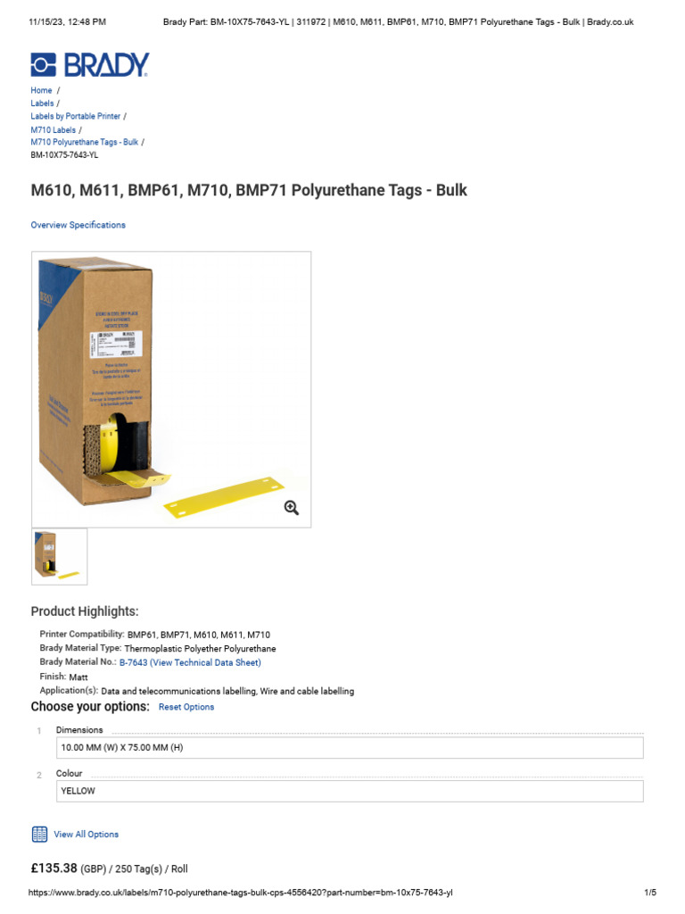 Brady Part - BM-10X75-7643-YL - 311972 - M610, M611, BMP61, M710, BMP71 ...