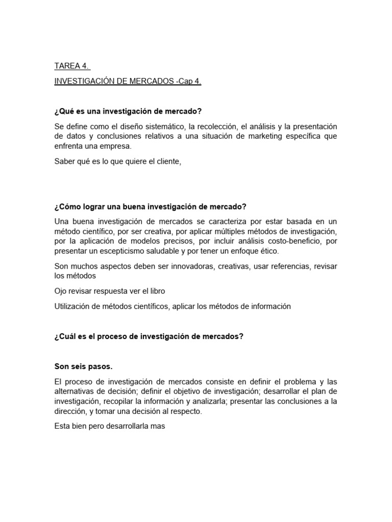 Tarea 4 Investigación de Mercado Cap 4 | PDF | Investigación de mercado | Marketing