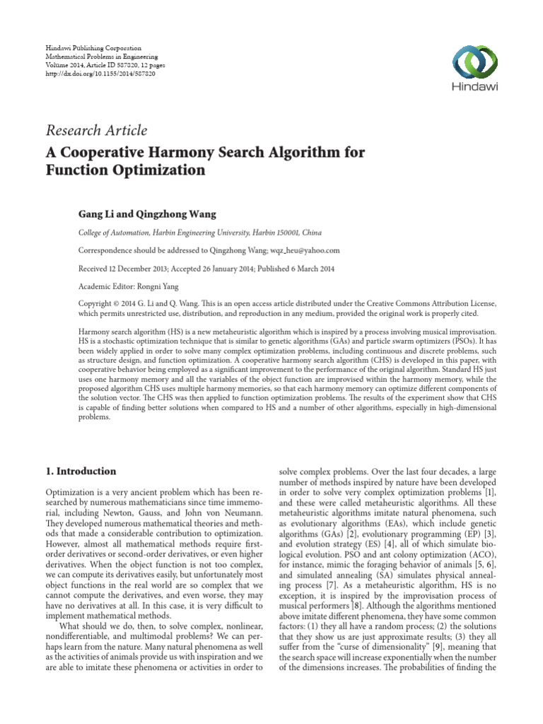 A Cooperative Harmony Search Algorithm For Functio | PDF | Metaheuristic | Mathematical Optimization