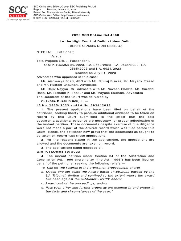 J 2023 SCC OnLine Del 4560 20bbl007 Nirmauniacin 20240115 194001 1 44 | PDF | Arbitration | Pleading