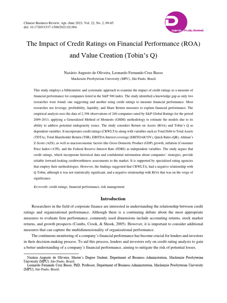 The Impact of Credit Ratings On Financial Performance (ROA) and Value Creation (Tobin's Q ...
