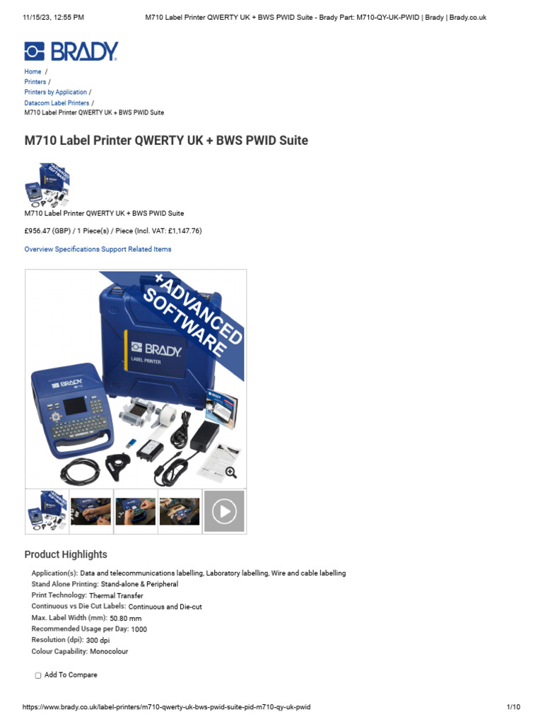 M710 Label Printer QWERTY UK + BWS PWID Suite - Brady Part - M710-QY-UK ...