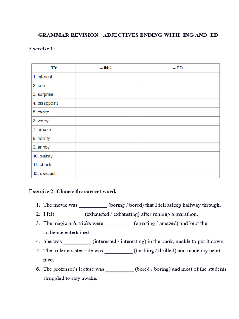 Adjective Grammar Exercises: -ing vs -ed | PDF | Language Arts & Discipline