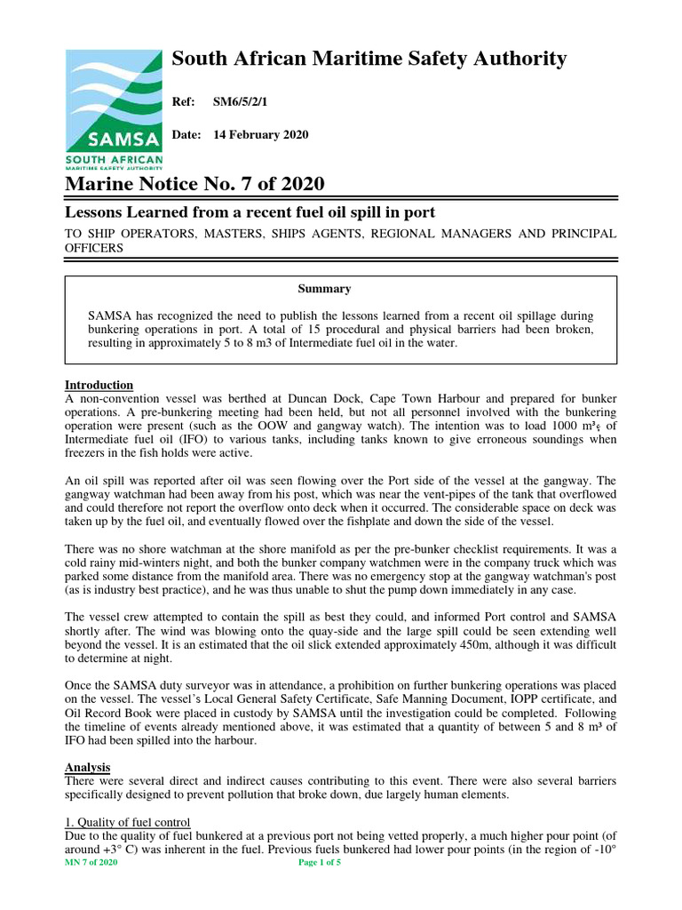MN 7 of 2020 - Lessons Learned From A Recent Fuel Oil Spill in Port ... MN 7 of 2020 - Lessons Learned From A Recent Fuel Oil Spill in Port ...