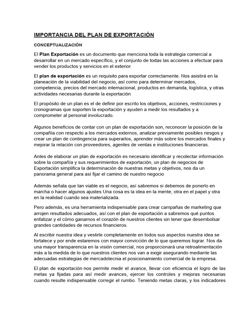 Importancia Del Plan De Exportación Pdf Exportaciones Business