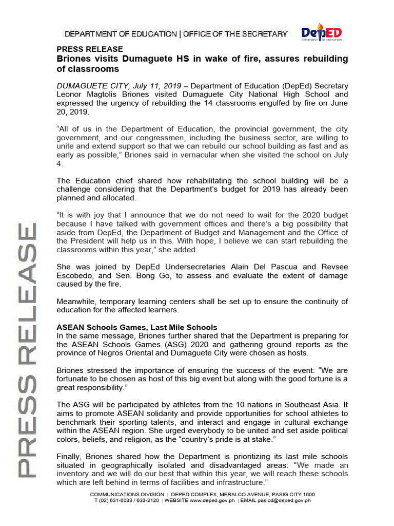 DepEd Press Release (Briones Visits Dumaguete HS in Wake of Fire ...
