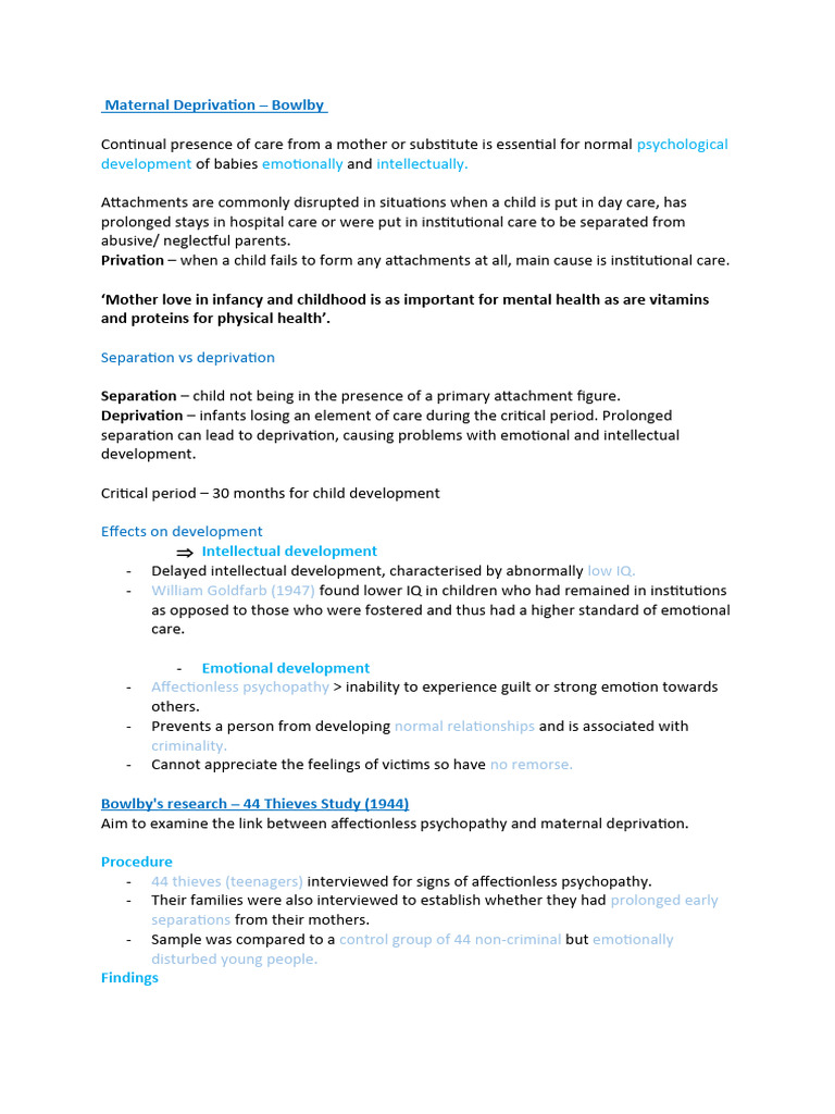 Maternal Deprivation - Bowlby | PDF | Attachment Theory | Human Development