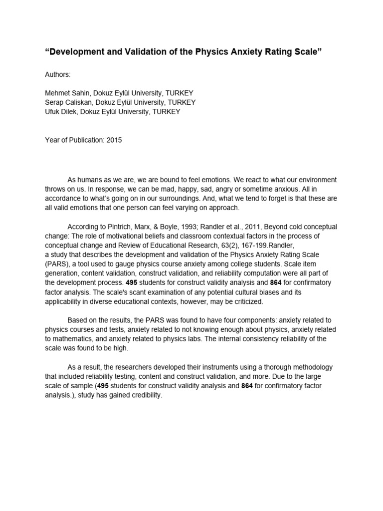 Development and Validation of The Physics Anxiety Rating Scale | PDF