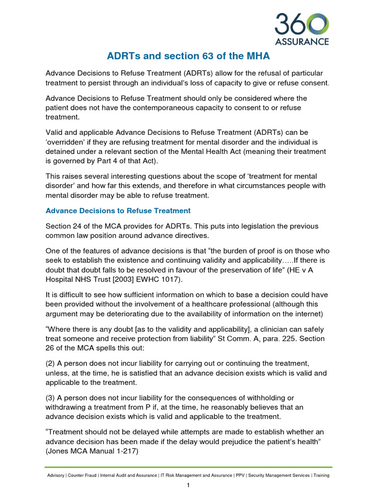 Adrts and Section 63 of The Mha | PDF | Mental Disorder | Self Harm