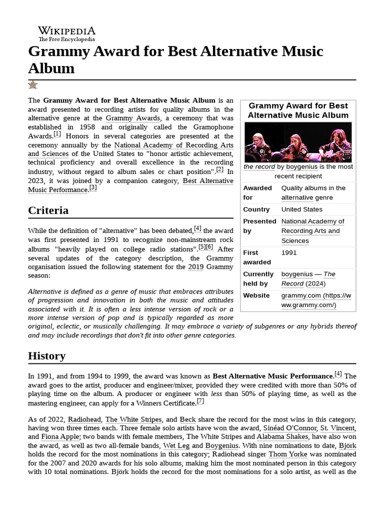 Grammy Award For Best Alternative Music Album | PDF | Music Award ...