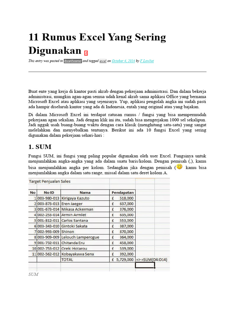 11 Rumus Excel Yang Sering Digunakan | PDF