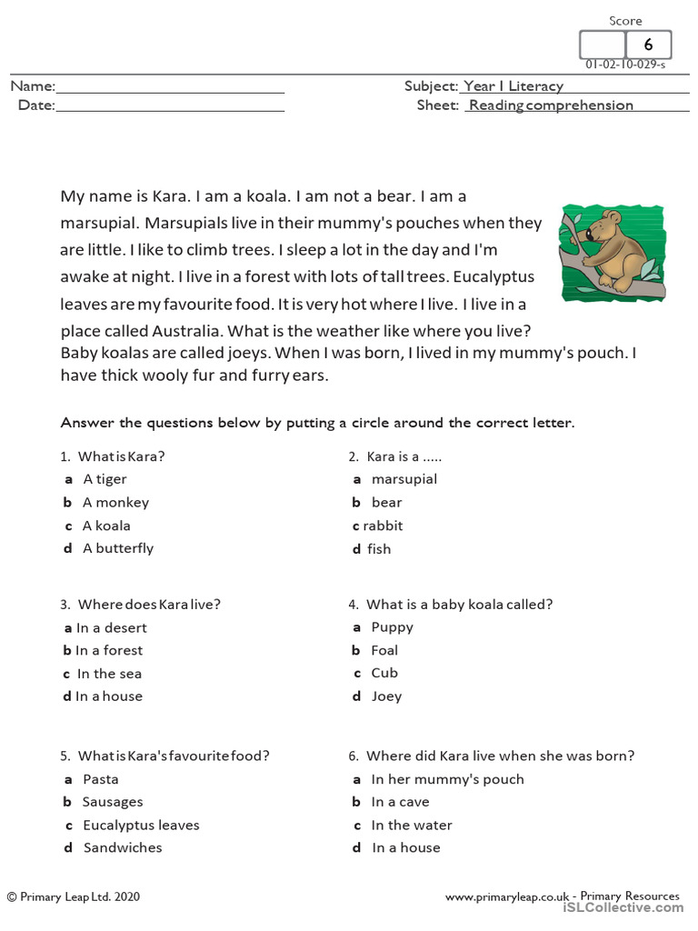 Reading Comprehension - A Koala Called Kara | PDF