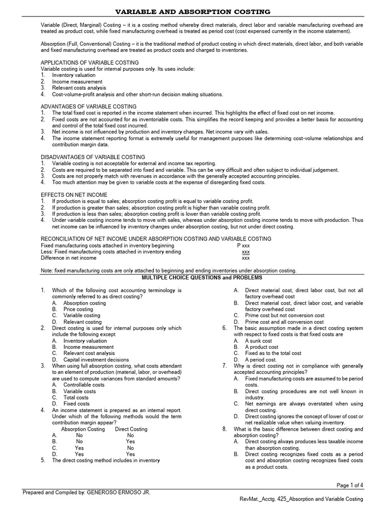 04 ABSORPTION AND VARIABLE COSTING - Rev23 24 | PDF | Cost Accounting ...