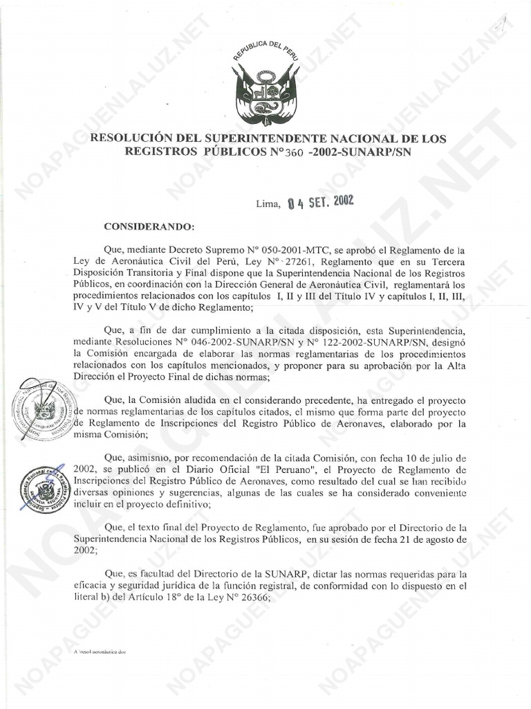 Resolución Superintendente Nacional Registros Públicos #360-2002-SUNARP/SN 4 SET 2022. OCR. 27p ...
