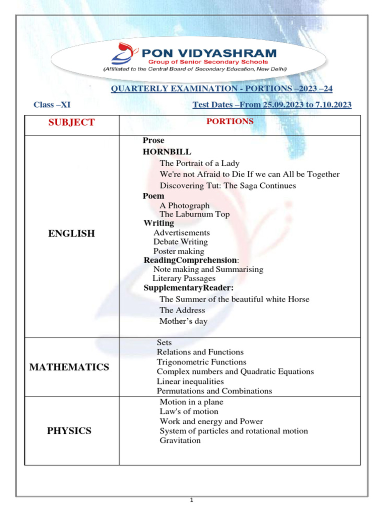 Class - XI Quarterly Portions - 2023-24 | PDF | Chemistry | Statistics