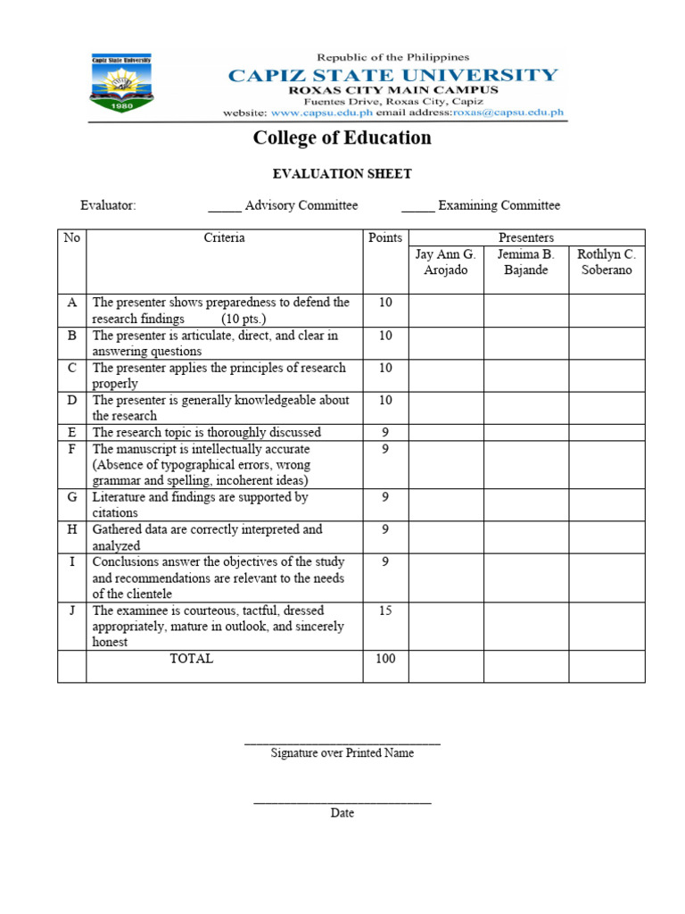 Evaluation Sheet Oral Defense | PDF