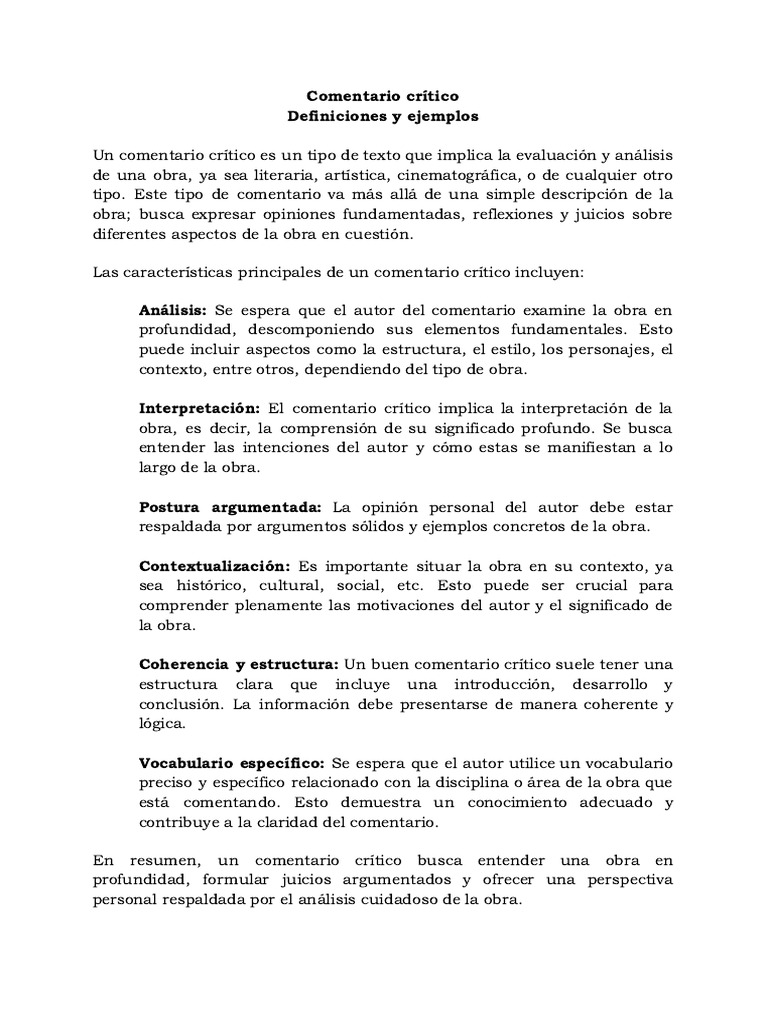 Comentario Crítico - Definiciones y Ejemplos | PDF