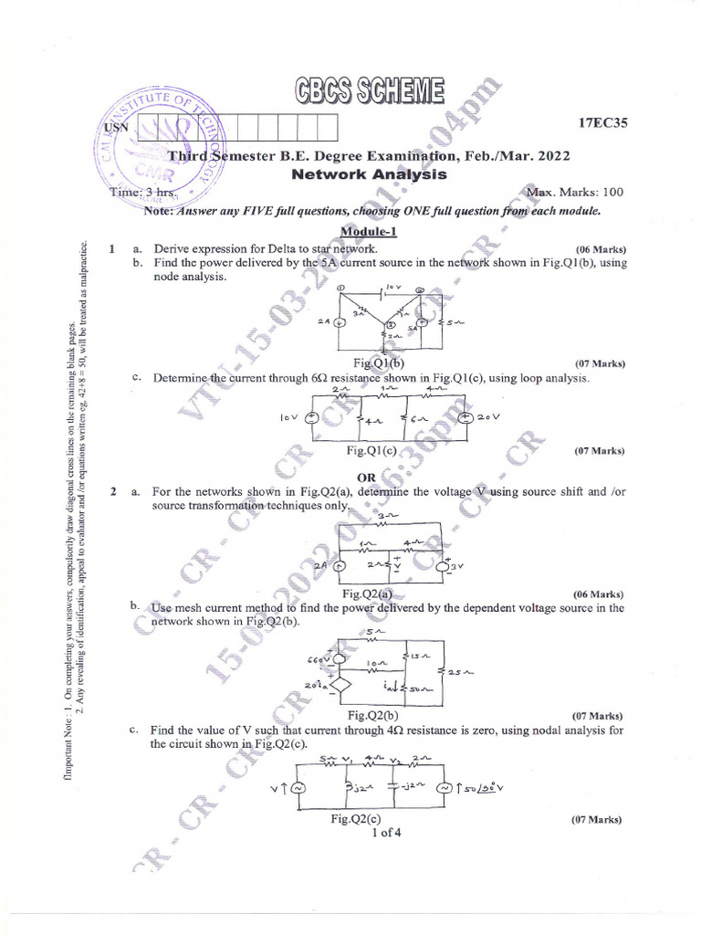VTU Question Paper of 17EC35 Network Analysis Feb-2022 | PDF
