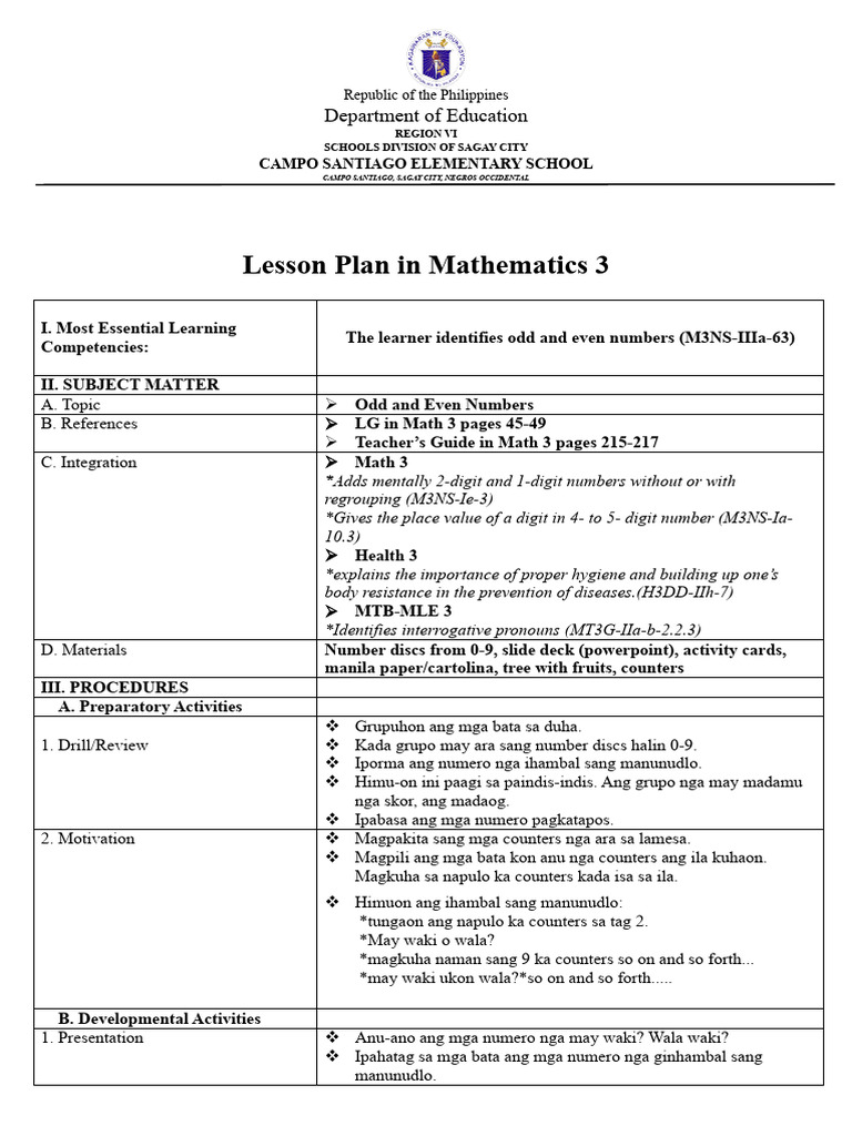 COT Lesson Plan in Mathematics 3 (Add and Even Numbers) | PDF
