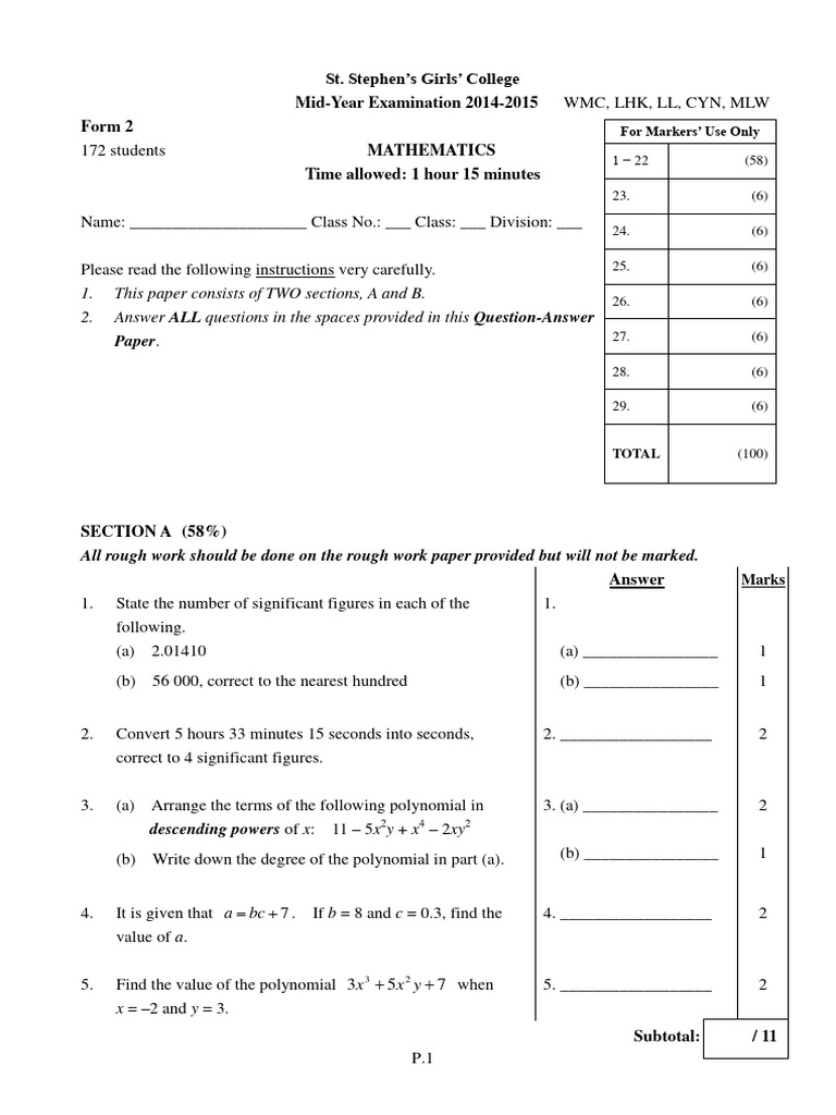 Form 2 Mathematics Exam 2014-2015 | PDF | Equations | Mathematics