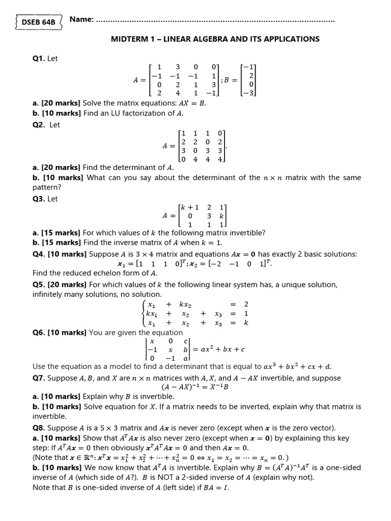 MidTerm K64 1 | PDF | Matrix (Mathematics) | Determinant MidTerm K64 1 | PDF | Matrix (Mathematics) | Determinant