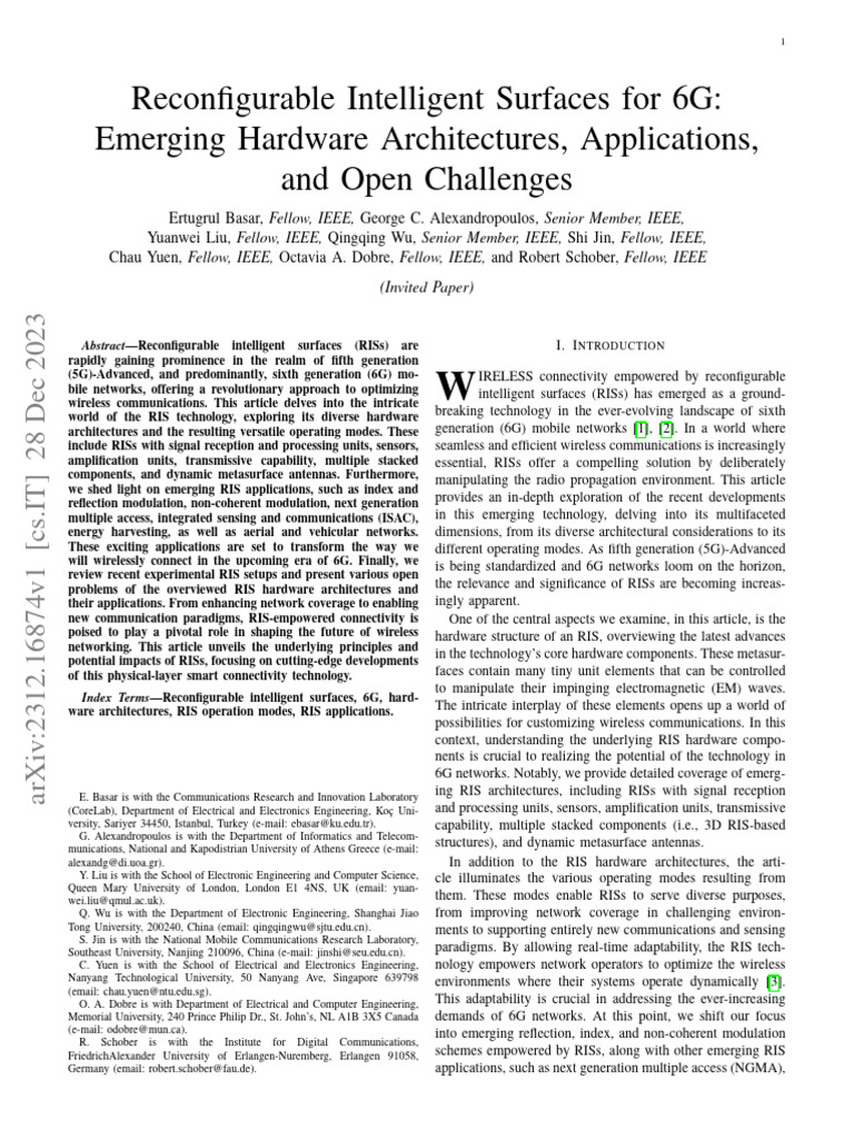 Reconfigurable Intelligent Surfaces For 6G: Emerging Hardware Architectures, Applications, and ...
