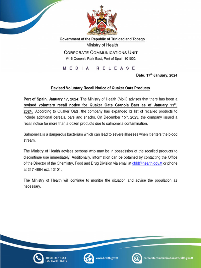 MOH MEDIA RELEASE - Revised Voluntary Recall Notice of Quaker Oats Products JANUARY 17, 2024 ...