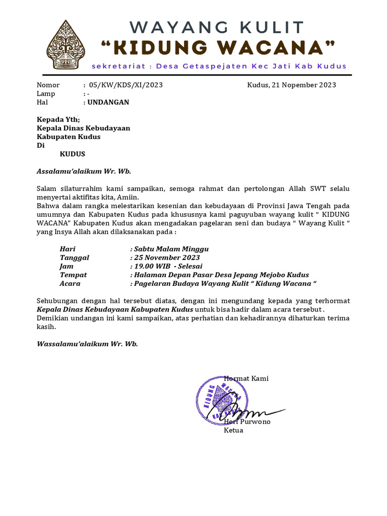 Undangan Pagelaran Wayang Kulit Kepala Dinas Kebudayaan Kab - Kudus | PDF