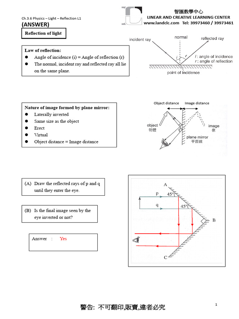 Ch.3.06 Reflection (ANS) | PDF | Mirror | Reflection (Physics)