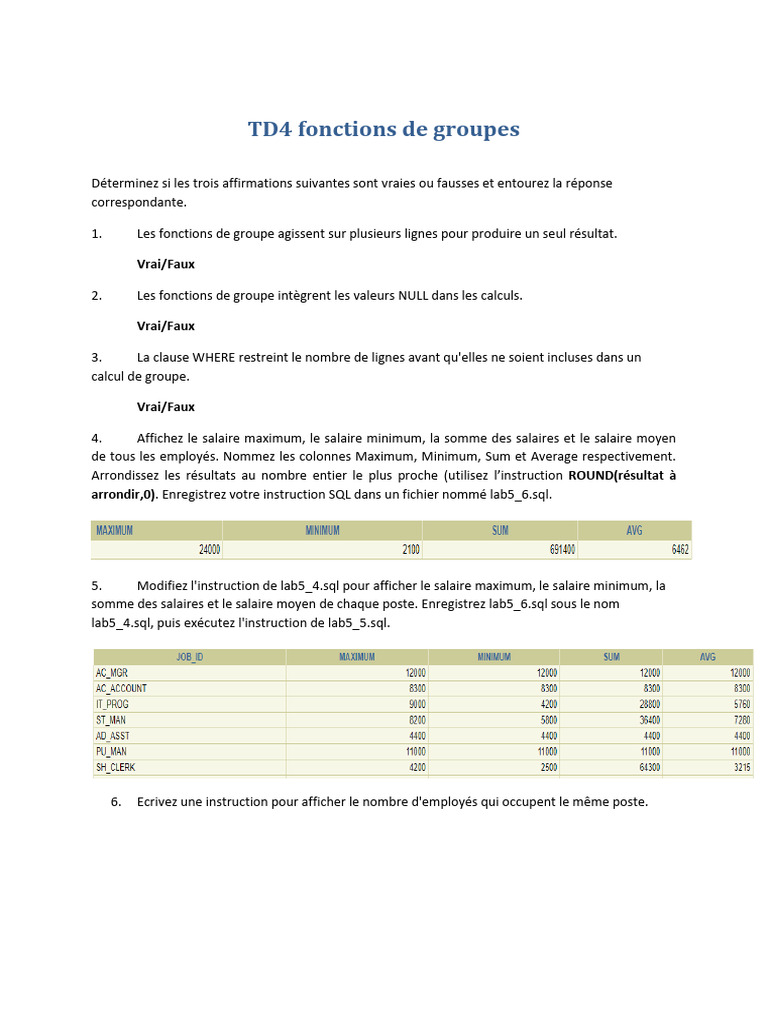 TD4: Évaluation et Calculs avec Fonctions de Groupe SQL | PDF