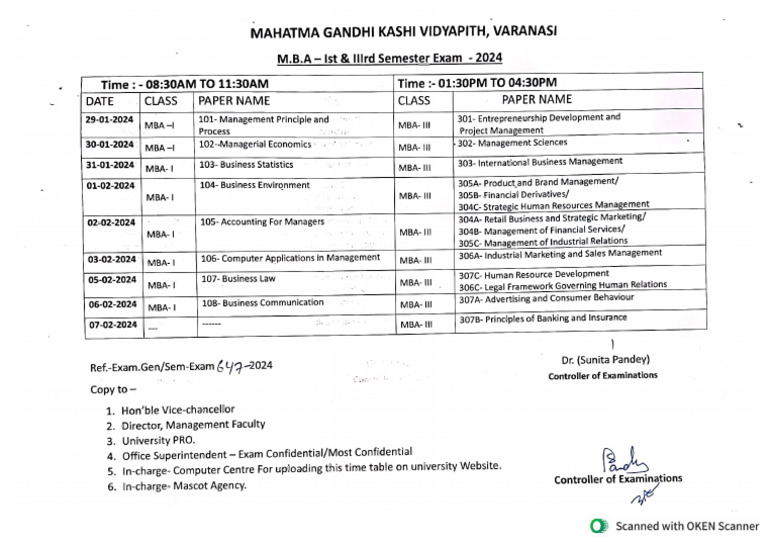 Mba I and Iii Semester Time Table | PDF