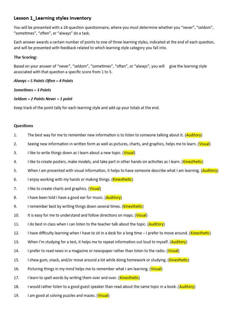 Lesson 1 - Learning Styles Inventory | PDF | Learning Styles | Cognition