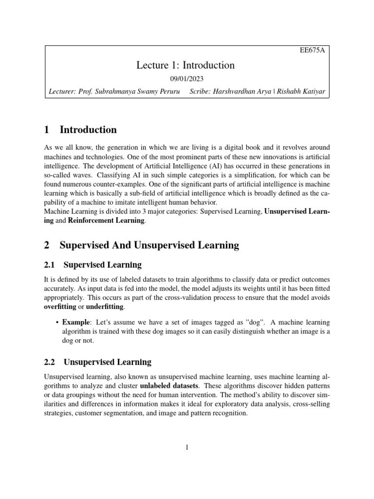Lecture 1: Introduction: Lecturer: Prof. Subrahmanya Swamy Peruru Scribe: Harshvardhan Arya ...