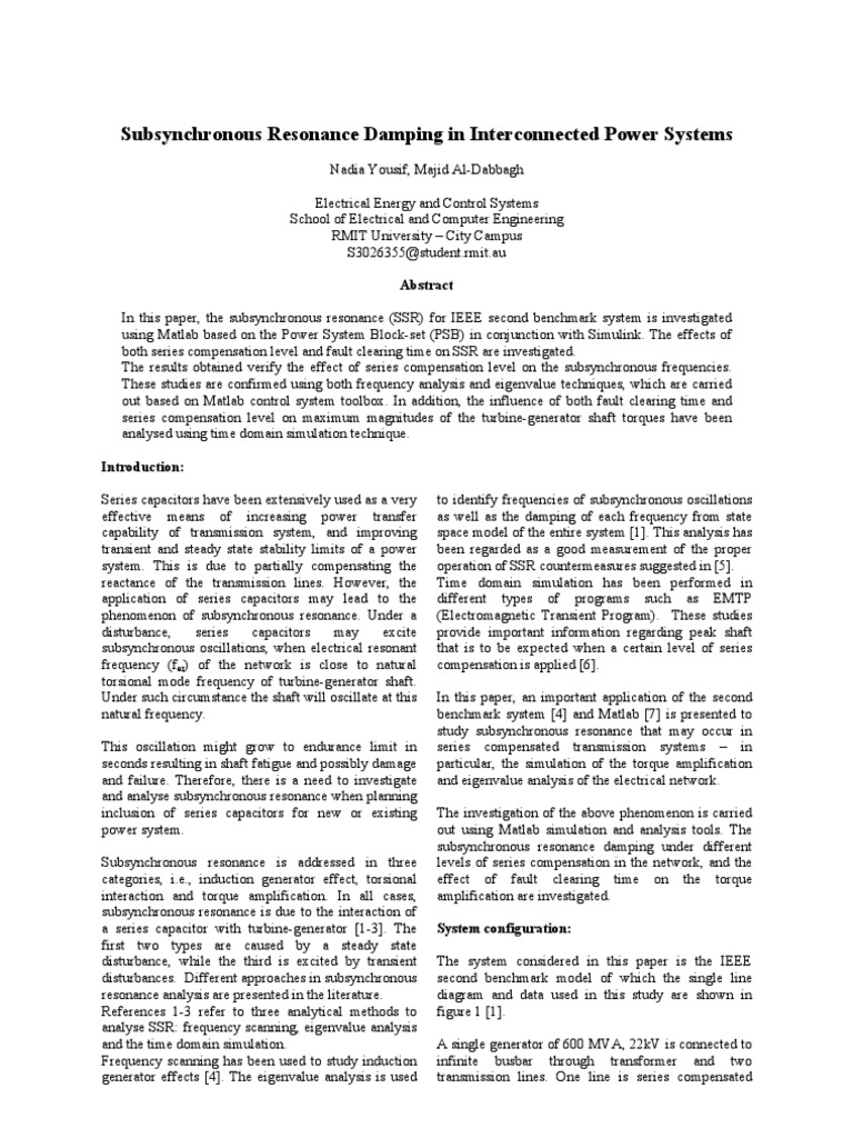 Sub Synchronous Resonance Damping in Interconnected Power Systems | PDF | Eigenvalues And ...