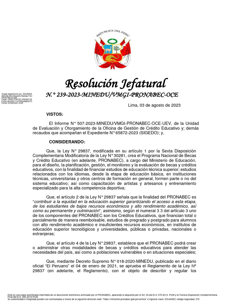 RJ N. 239-2023-MINEDU-VMGI-PRONABEC-OCE | PDF | Educación más alta | Lima