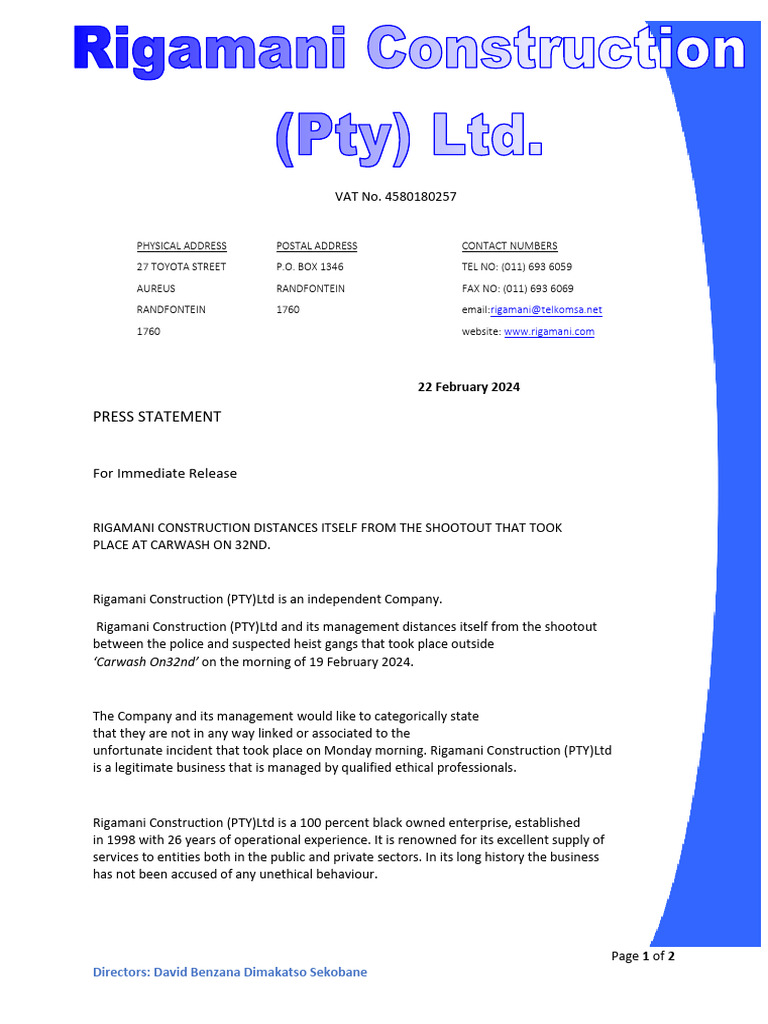 Rigamani Construction Press Statement | PDF