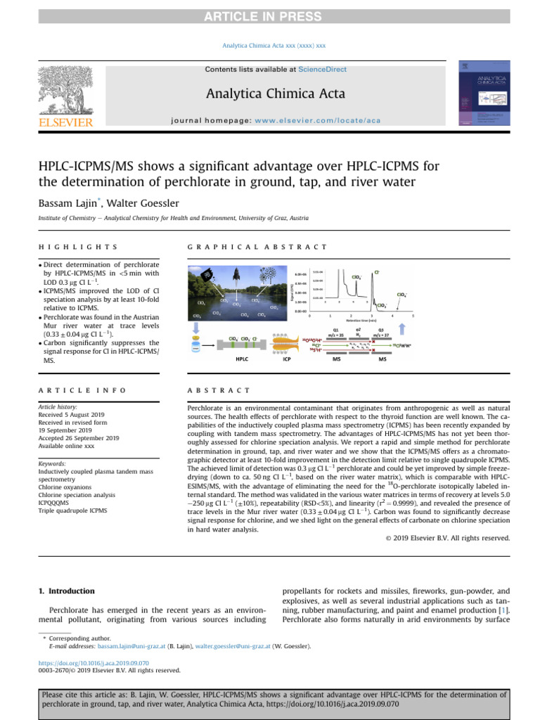 Perchlorate Analysis in HPLC-ICPMS | PDF | Mass Spectrometry ...