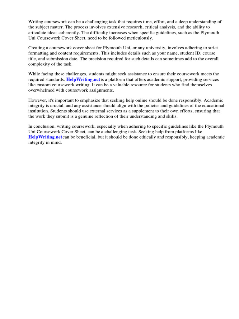 Plymouth Uni Coursework Cover Sheet | PDF Plymouth Uni Coursework Cover Sheet | PDF