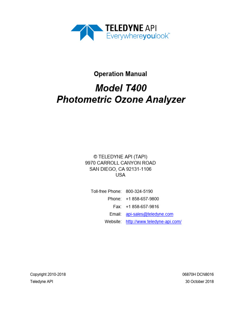 Model T400 Photometric Ozone Analyzer: Operation Manual | PDF | Power ...
