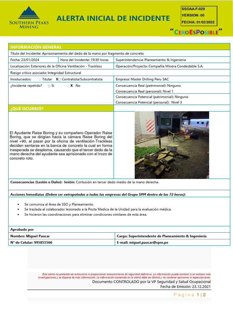 Alerta Inicial - Contusion en Dedo - MASTER DRILLING 23.01.24 | PDF ...