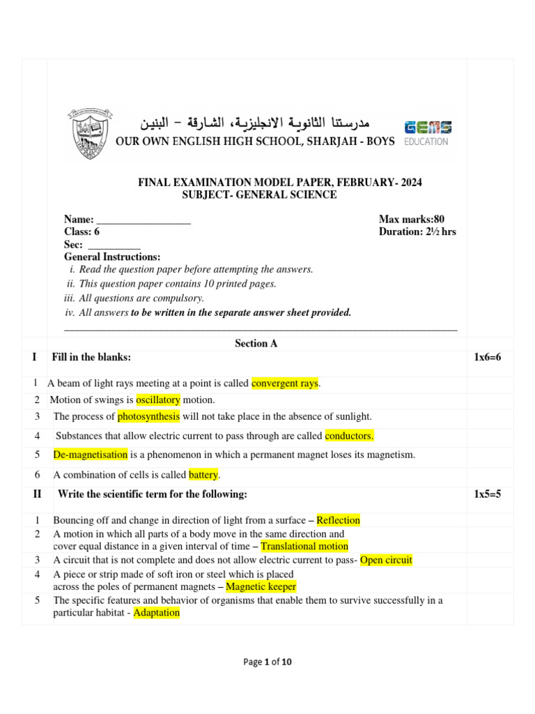 GR 6 Final Model Paper Science 2024 - Answer Key | PDF | Incandescent Light Bulb | Oxygen