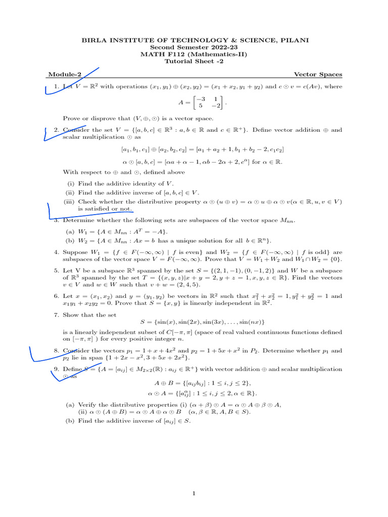 Tutorial Sheet 2 | PDF | Vector Space | Linear Subspace