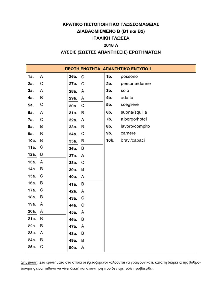 ΙΤΑΛΙΚΑ Β΄ ΕΝΟΤΗΤΑ 1 2018A Risposte | PDF
