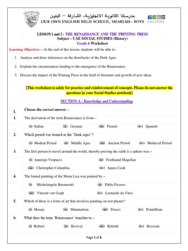 Lesson 1 and 2 - Renaissance and The Printing Press - Worksheet | PDF ...