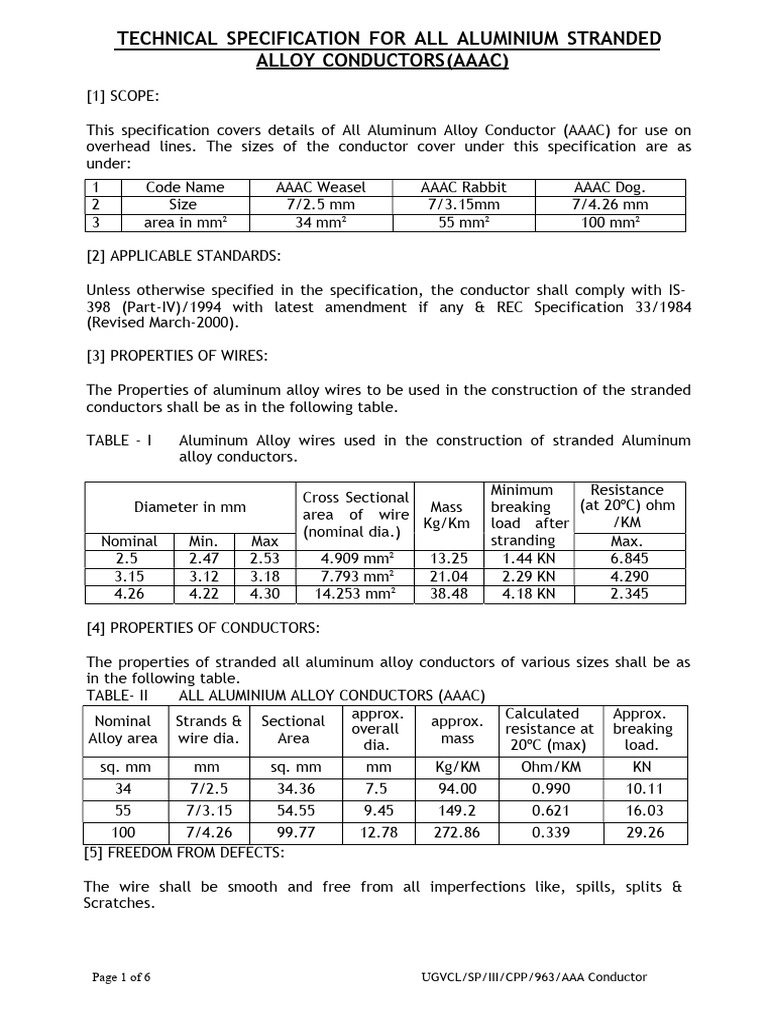 AAAC Conductor Technical Specifications | PDF | Wire | Electrical Conductor
