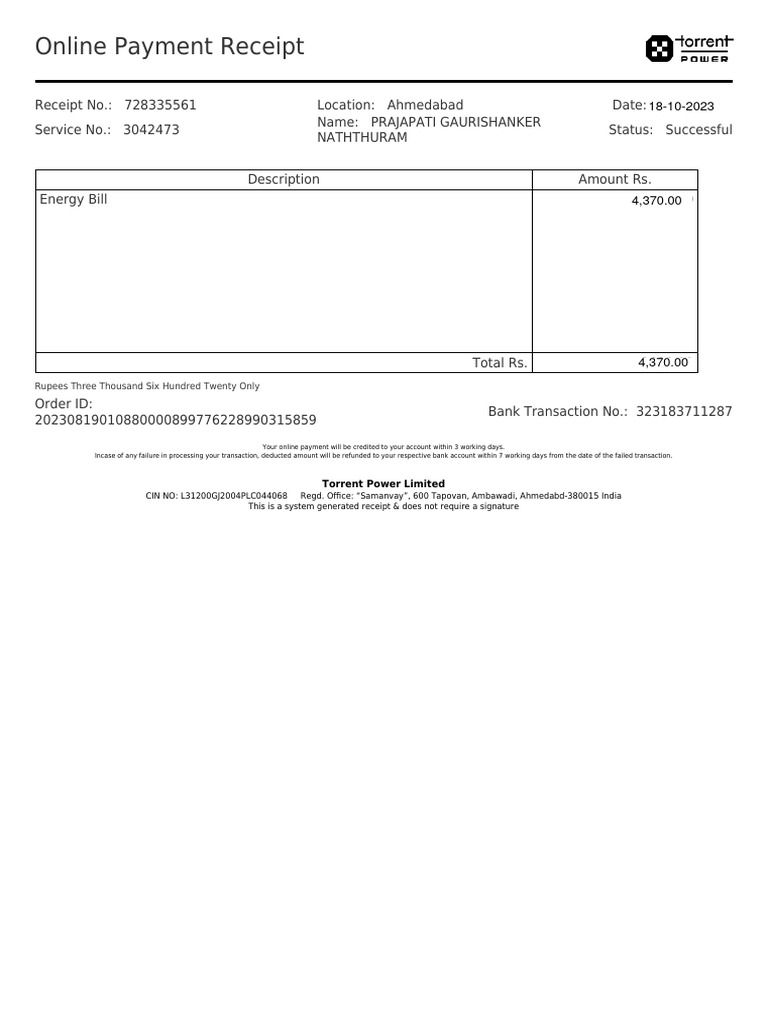 Online Payment Receipt: Rupees Three Thousand Six Hundred Twenty Only ...