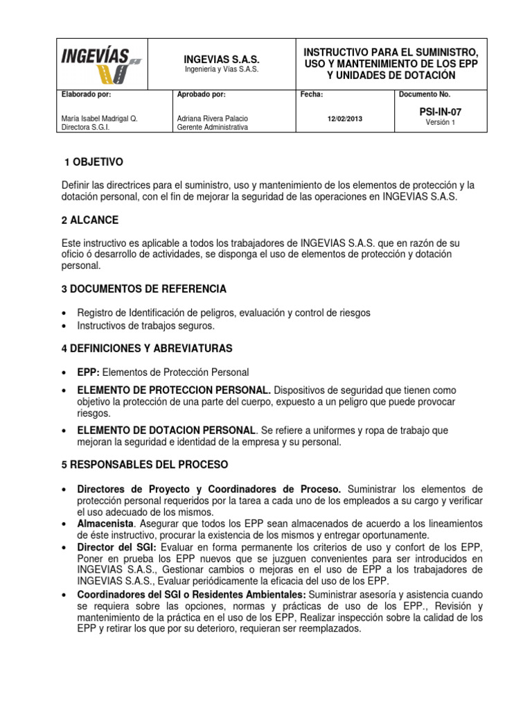 Instructivo EPP y Dotación INGEVIAS | PDF | Residuos