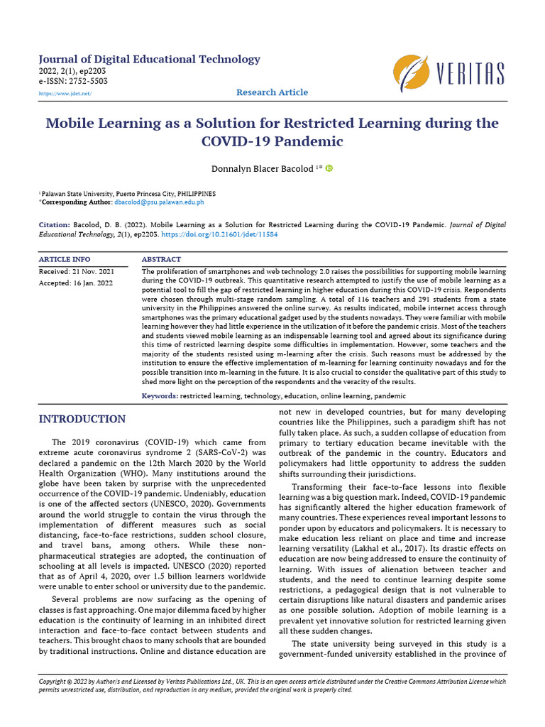 Mobile Learning As A Solution For Restricted Learning During The Covid ...