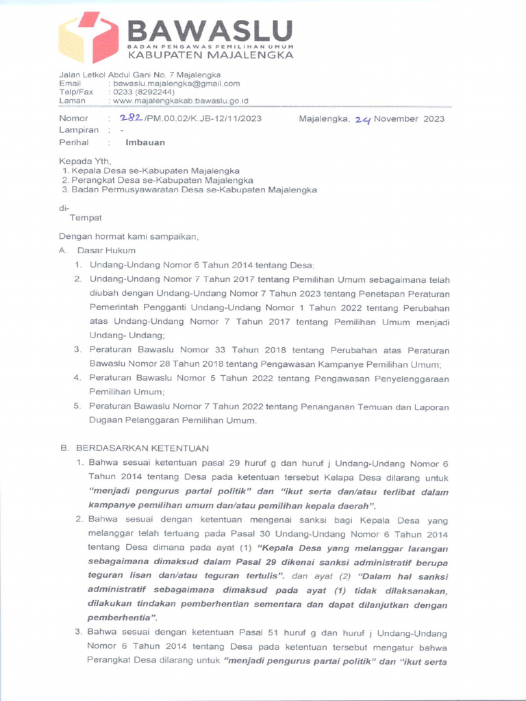 28 Surat Imbauan Netralitas Kepala Desa, Perangkat Desa Dan BPD | PDF 28 Surat Imbauan Netralitas Kepala Desa, Perangkat Desa Dan BPD | PDF
